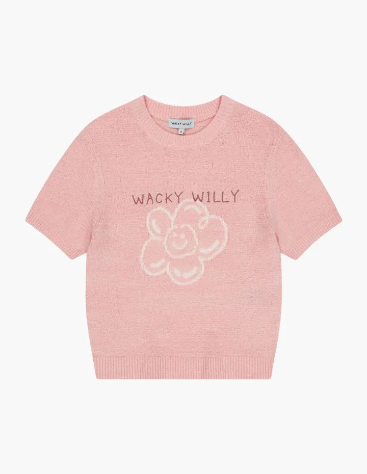 【25SS】Wacky Willy 拚色花朵LOGO針織短袖上衣(櫻花粉)