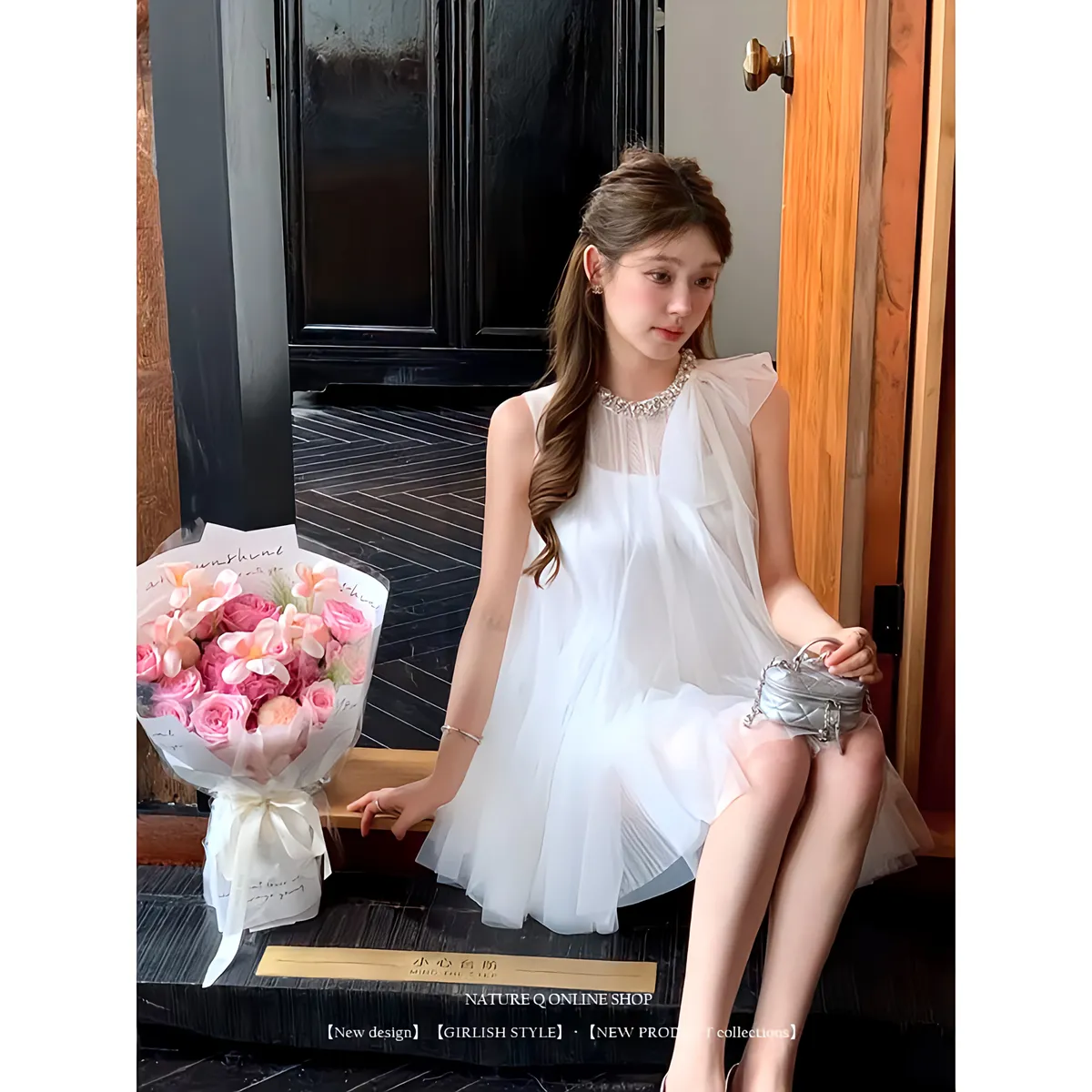 蝴蝶之歌重工水鑽飄紗浪漫小洋裝（附內搭）-白色/紫色f2014