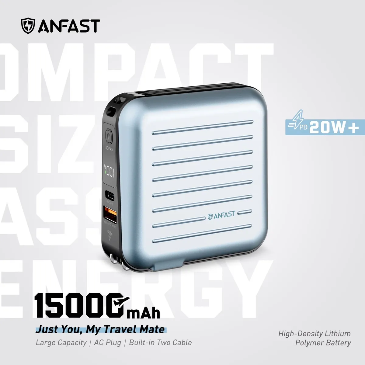 ANFAST 旅行 PD20w 行李箱大容量 行動電源 雙向快充 自帶雙線