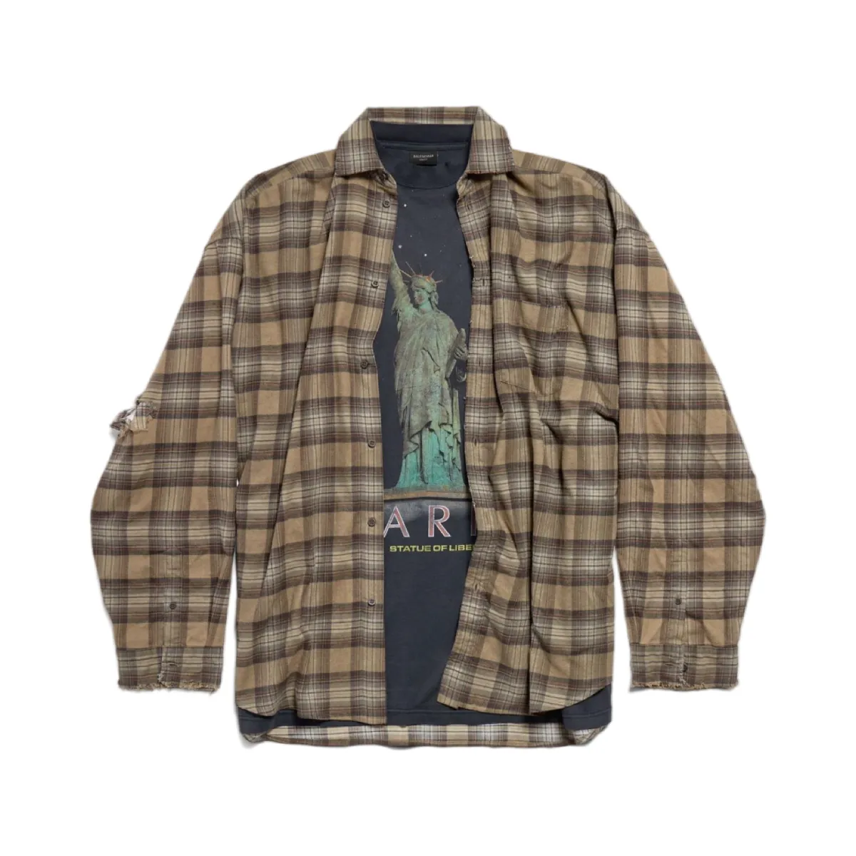 巴黎 BLC 24SS Paris Liberty 自由女神 拼接兩件式 格紋襯衫 內搭短袖 做舊小破壞